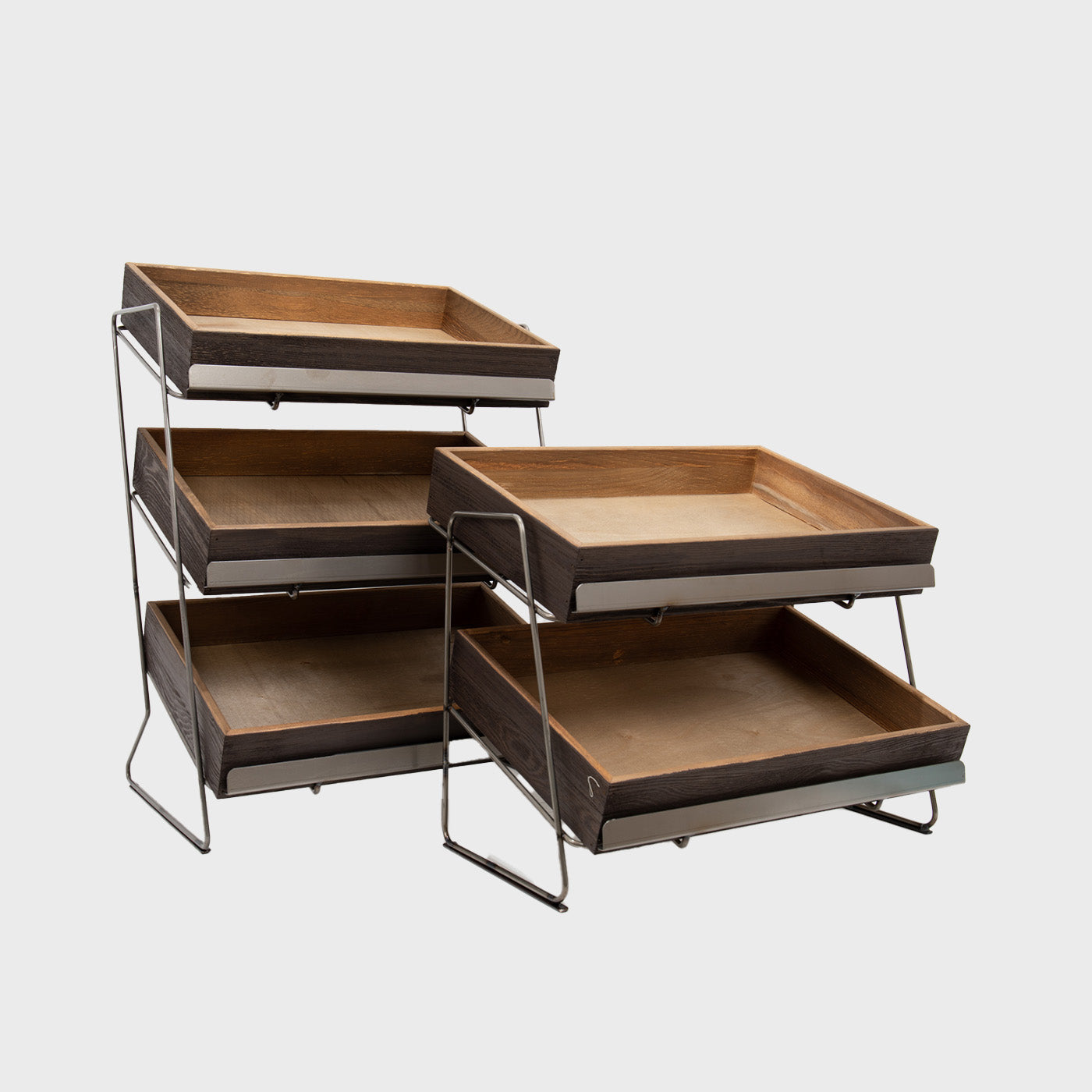 Railton tiered countertop display unit with medium wooden trays | WBC